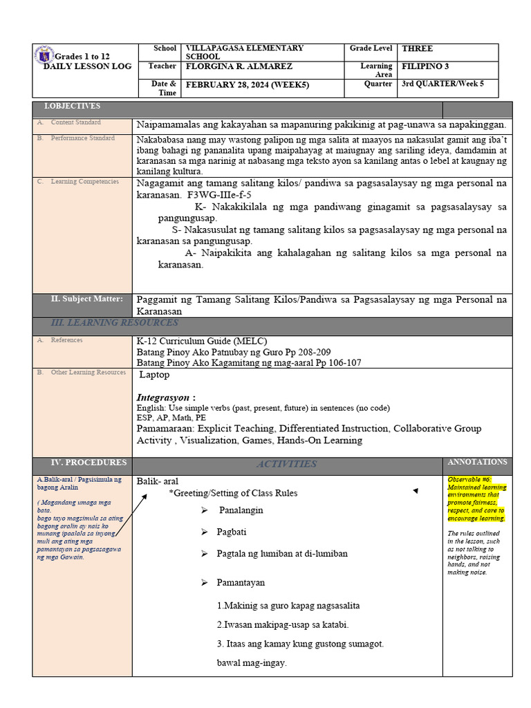 q3 Cot Filipino 3 Week 5 Pandiwa | PDF