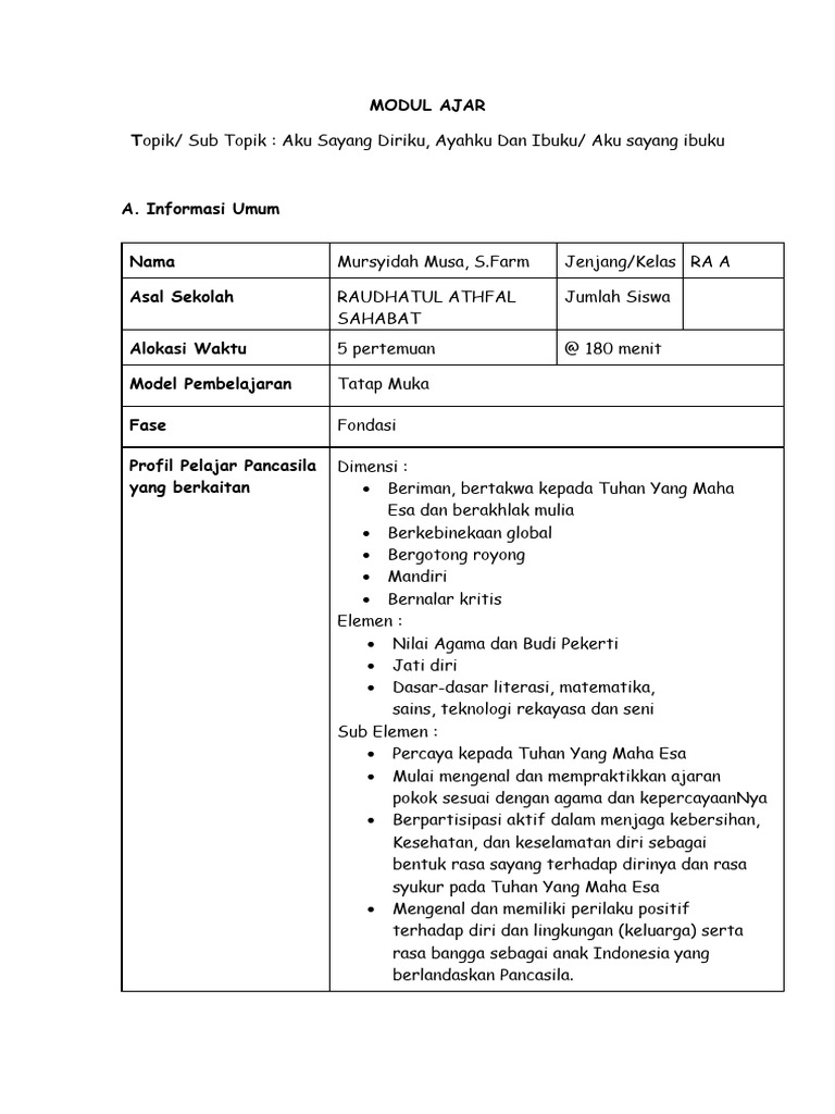 Modul Ajar Aku Sayang Ibuku A | PDF