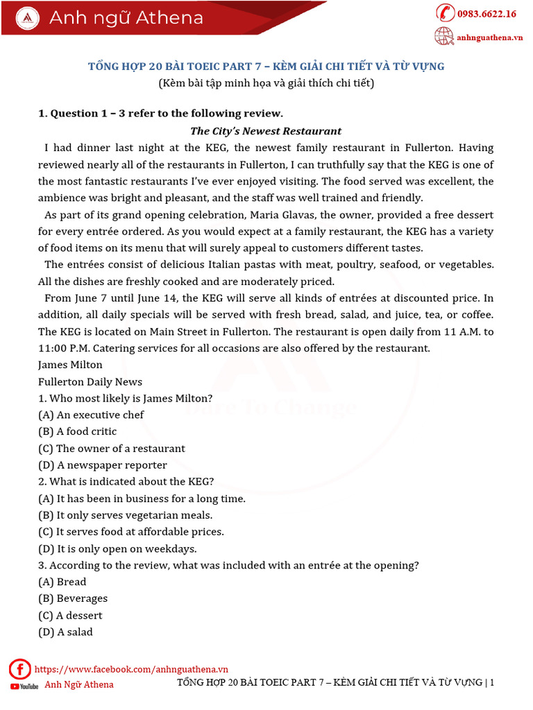 Tổng hợp 20 bài luyện tập part 7 - kèm giải chi tiết - Tập 1 - Đề | PDF | Restaurants | Kitchen
