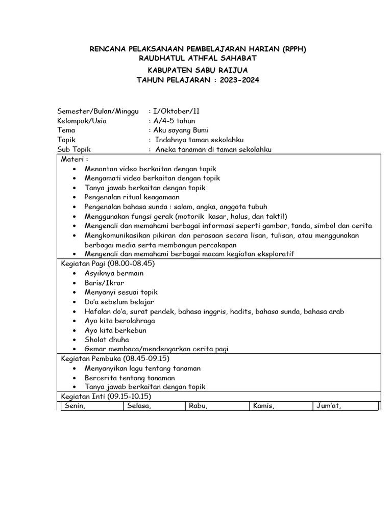 RPPH A Indahnya Taman Sekolahku Minggu 11 | PDF