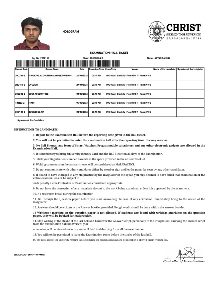 Exam Hall Ticket & Instructions | PDF
