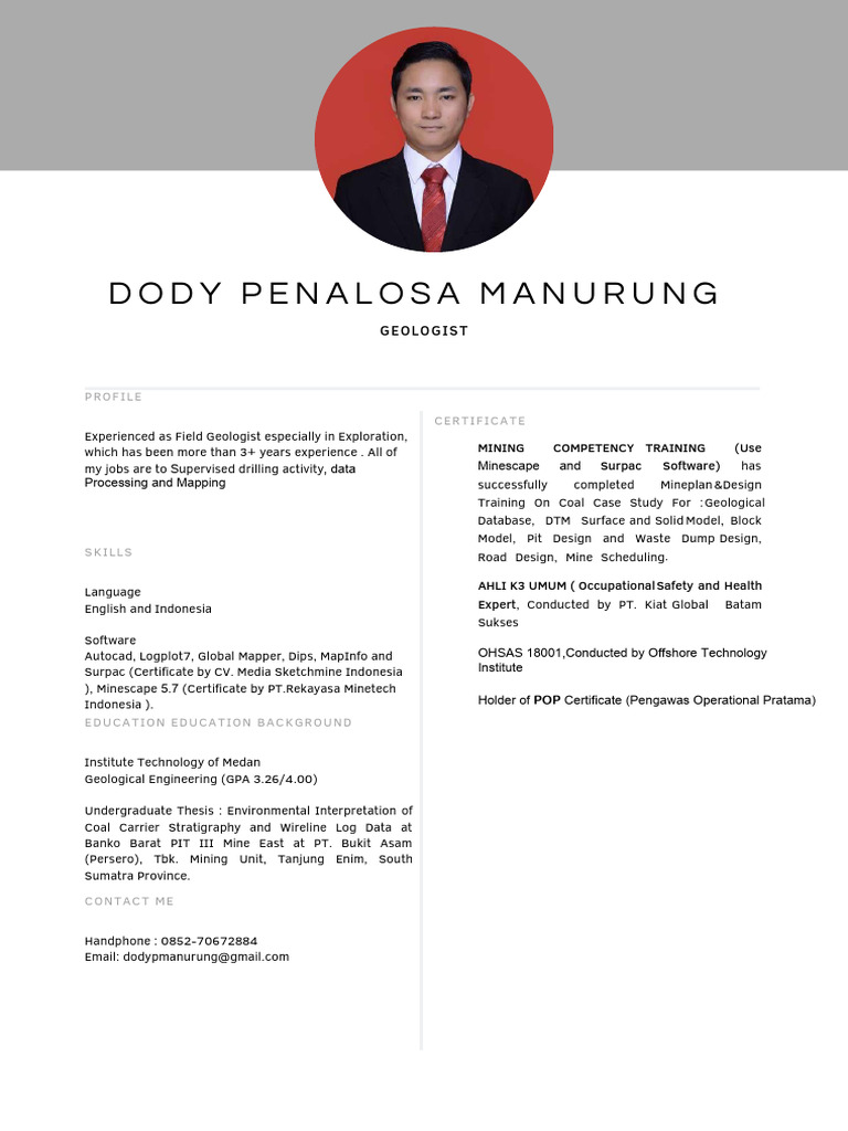 Dody Penalosa Manurung GEOLOGIST JUNIOR Resume | PDF | Earth Sciences | Geology