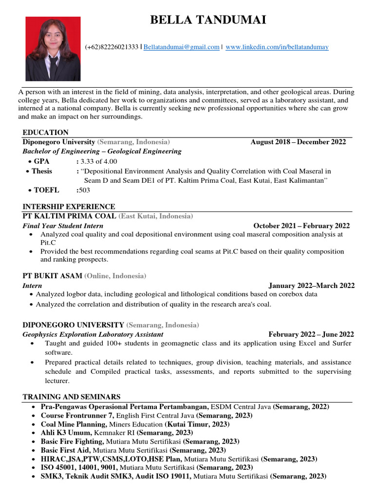 Bella Tandumai GEOLOGIST JUNIOR Resume (FRESH GRADUATE) | PDF | Coal Mining