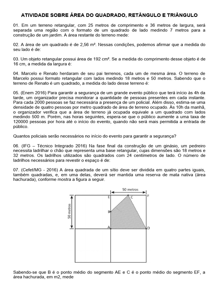 Atividade Sobre Área Do Quadrado | PDF