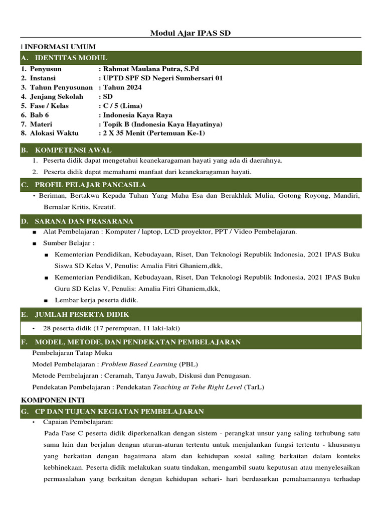 TARL - Modul Ajar IPAS Topik B Kelas 5. | PDF
