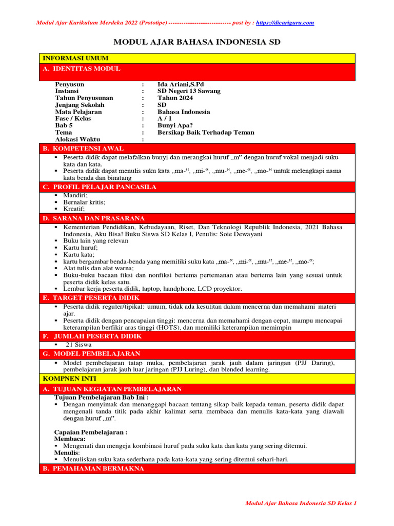 Modul Ajar Mengenali Tanda Baca Kls Satu | PDF