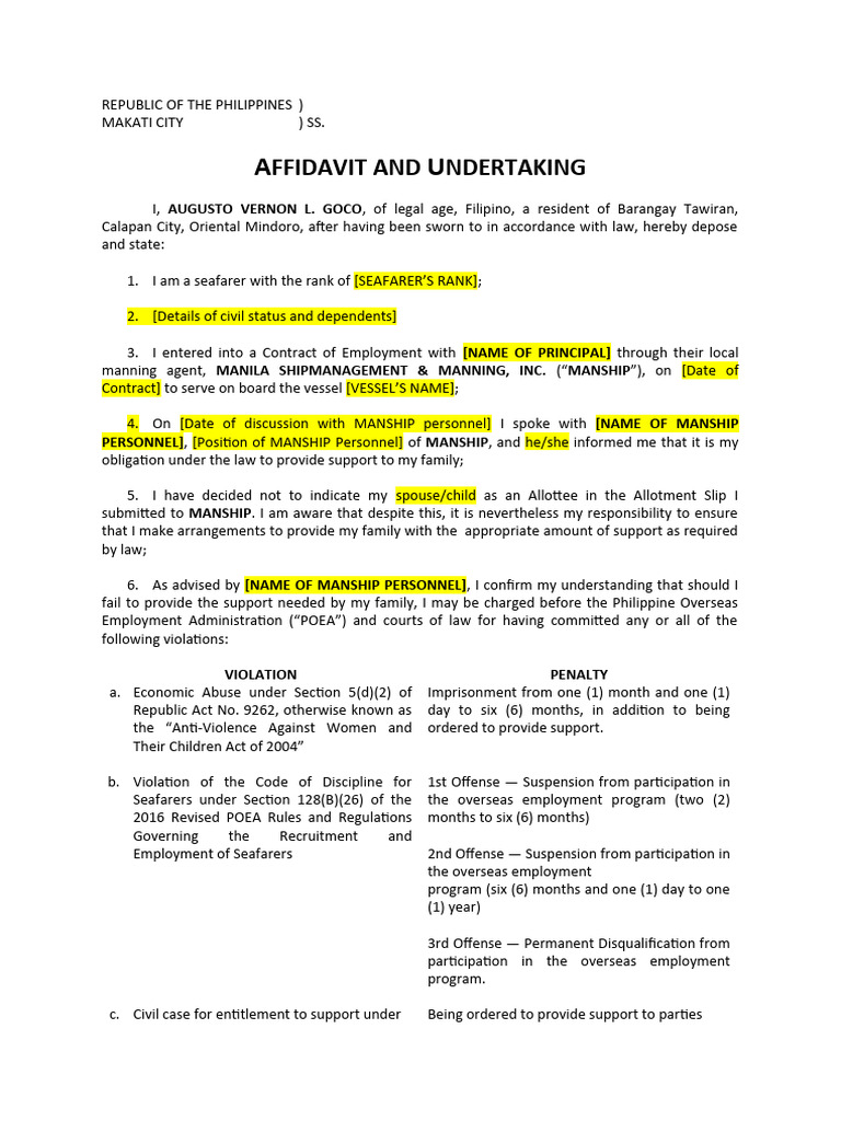 (DRAFT) Affidavit and Undertaking (English) | Download Free PDF ...