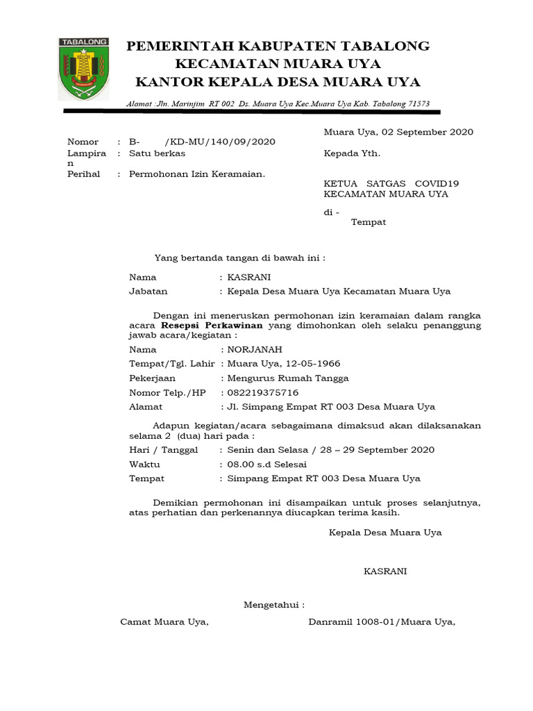 Permohonan Izin Keramaian Resepsi 2020 | PDF