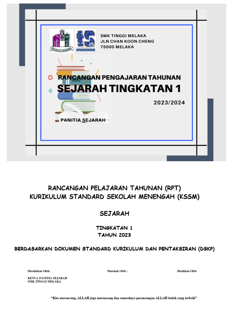 Ting 1 RPT Sejarah 2023 - 2024 | PDF