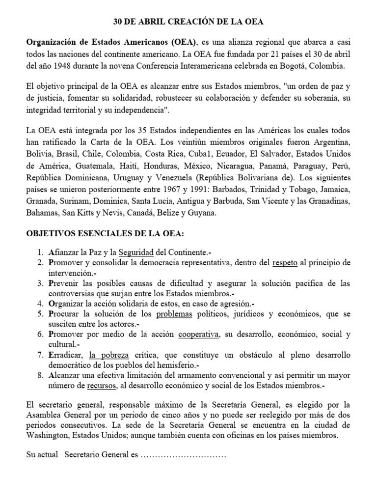 30 de Abril Creación de La Oea | PDF | Américas | Relaciones ...