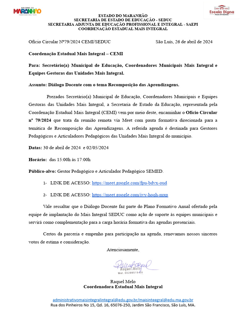 OfÃ - Cio Circular NÂº 79 - 2024 DiÃ¡logo Docente - FormaÃ Ã o em RecomposiÃ Ã o Das ...