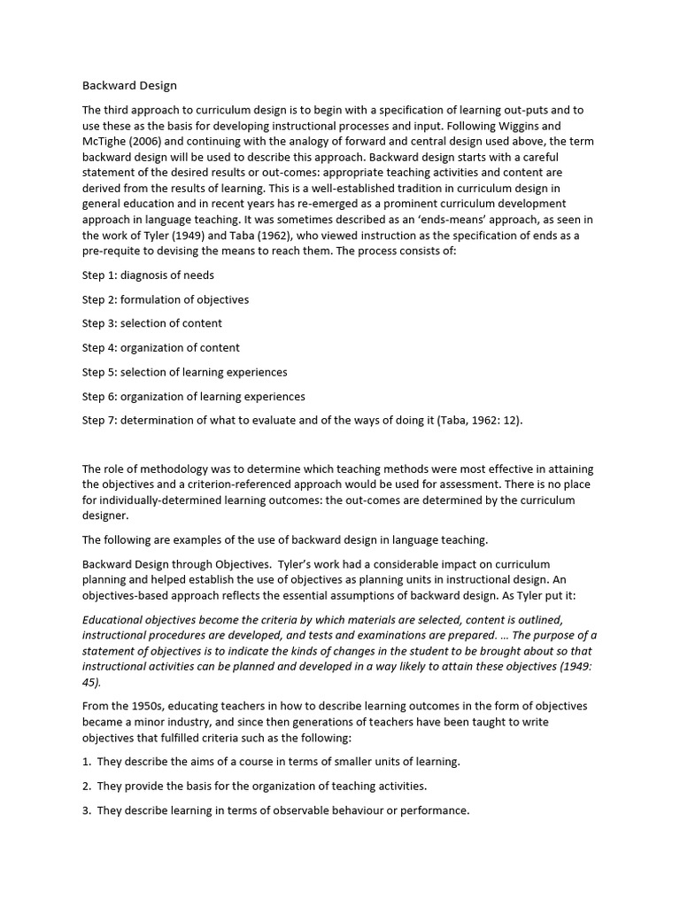 Backward Design Pdf Curriculum Learning