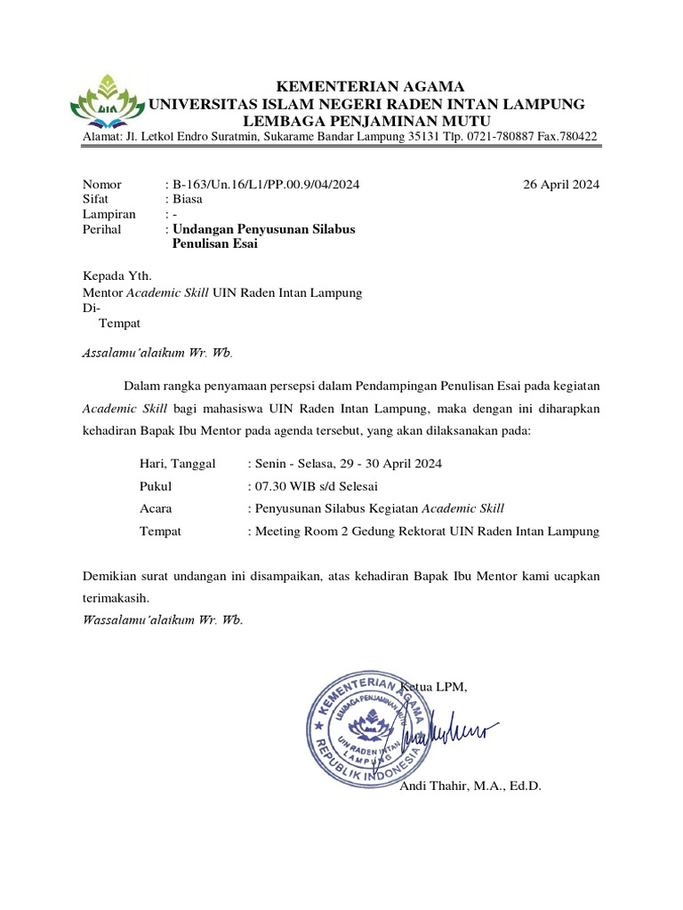 Undangan Penyusunan Silabus Penulisan Esai UIN Raden Intan Lampung | PDF