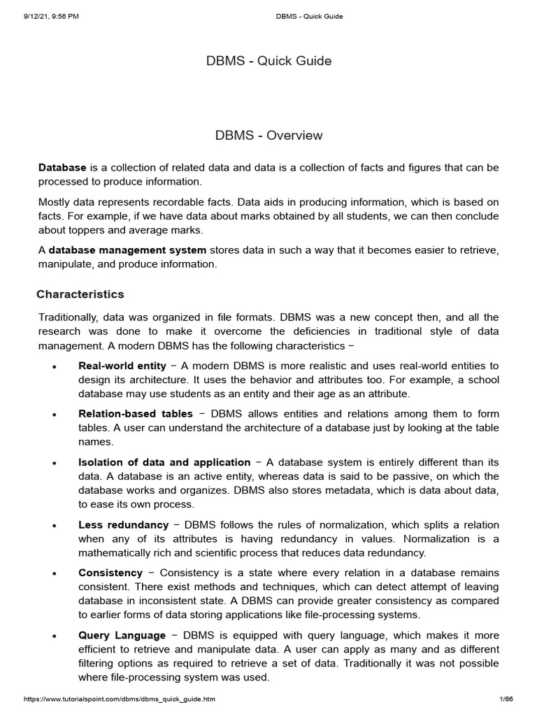DBMS - Quick Guide | PDF | Relational Database | Databases