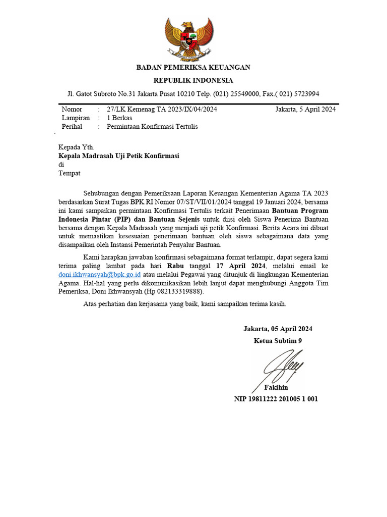 Surat Permintaan Konfirmasi PIP BPK RI | PDF