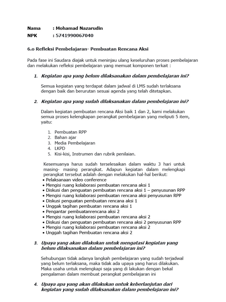 Refleksi Rencana Aksi Pembelajaran | PDF | Karier & Perkembangan