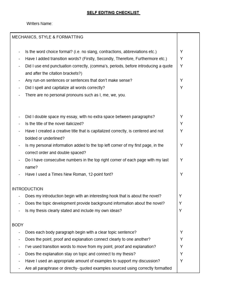 Self-Editing Checklist for Writers | PDF | Citation | Paragraph