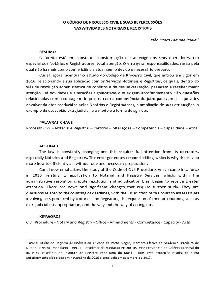 O CÓDIGO DE PROCESSO CIVIL E SUAS REPERCUSSÕES NAS ATIVIDADES NOTARIAIS ...