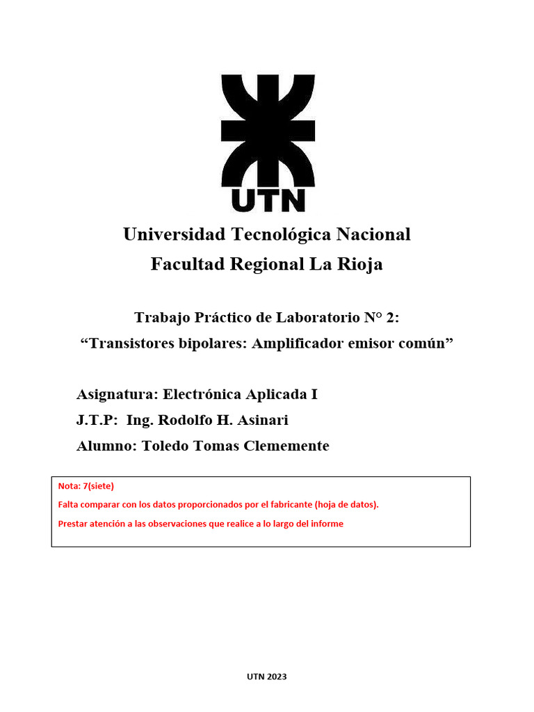Aplicada 1, TP Lab 2 | PDF | Transistor | Amplificador