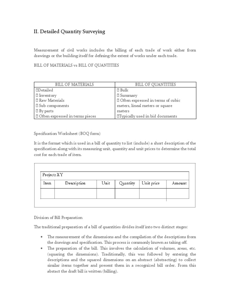 Ii Detailed Quantity Surveying Pdf Multiplication Specification Technical Standard
