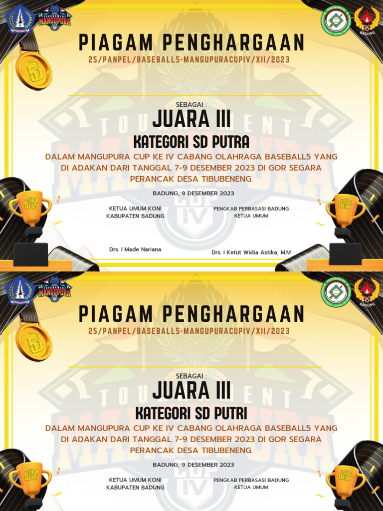 PIAGAM PENGHARGAAN Juara 3 (Masing Masing 16 PCS) | PDF