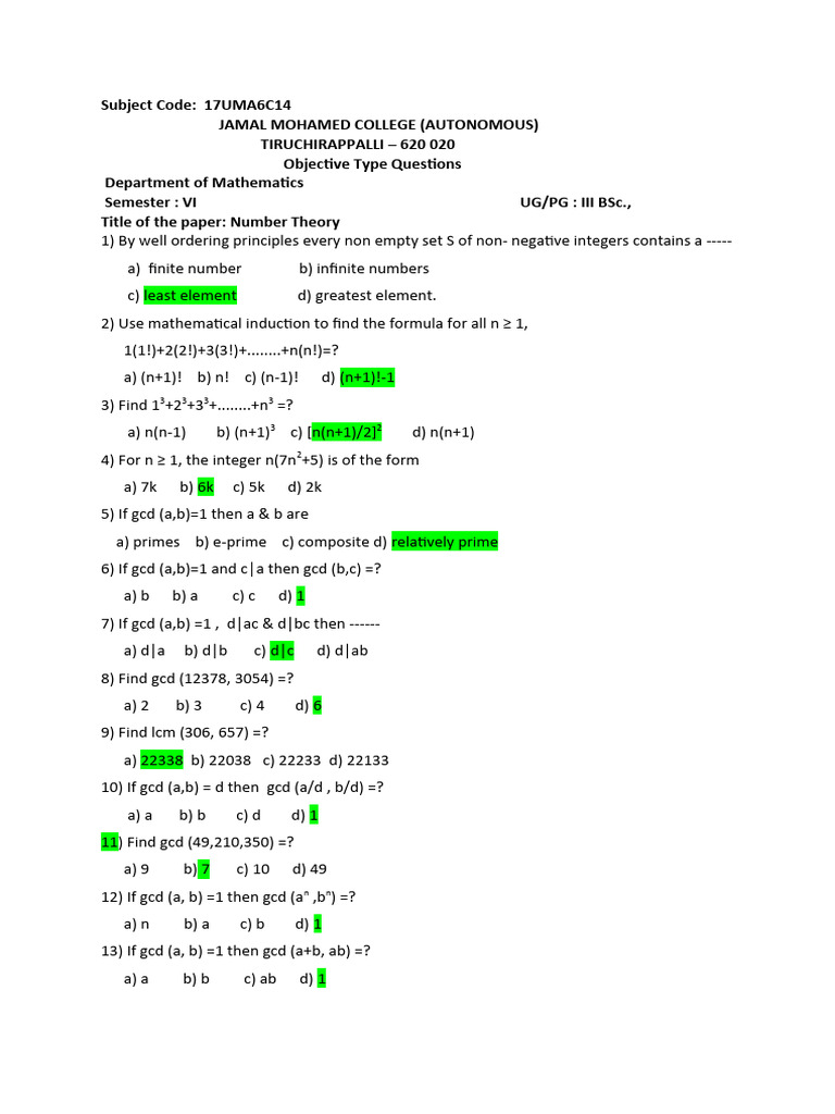 Number Theory 17UMA6C14 | PDF | Prime Number | Numbers