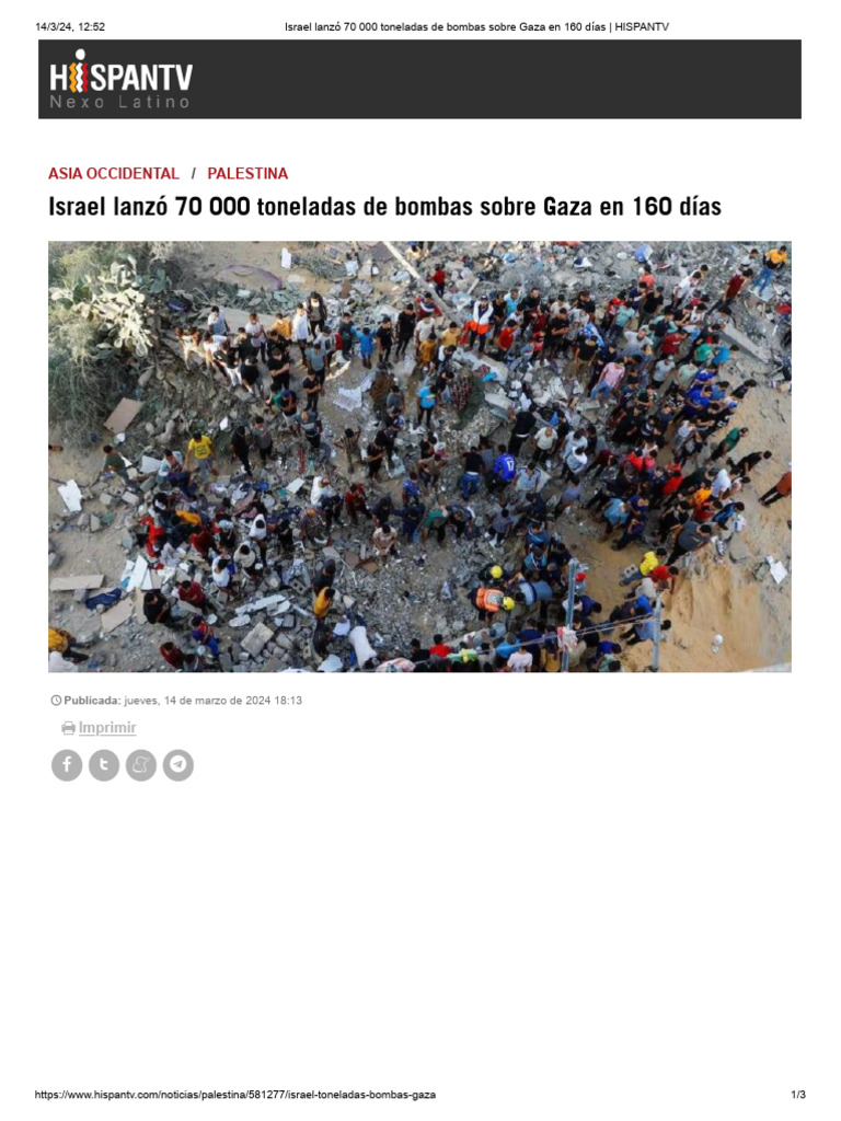 Hispan TV - Israel Lanzó 70 000 Toneladas de Bombas Sobre Gaza en 160 Días | PDF | Franja de ...