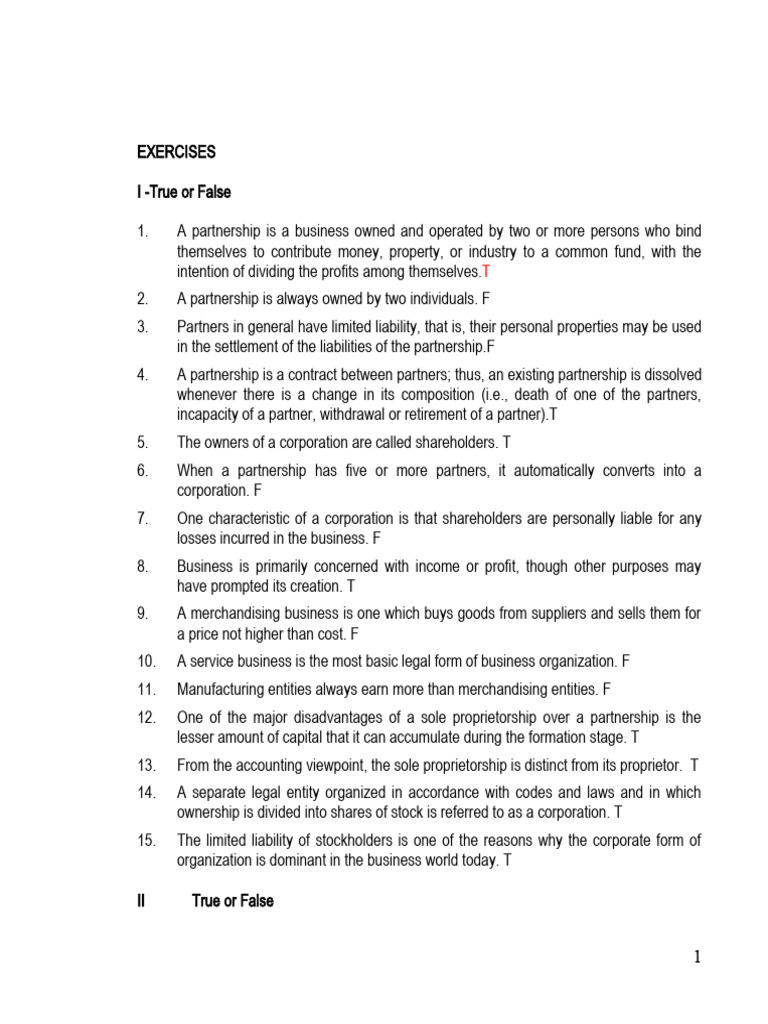 Chapter 1 Exercises - Overview of Accounting - Answer | PDF ...