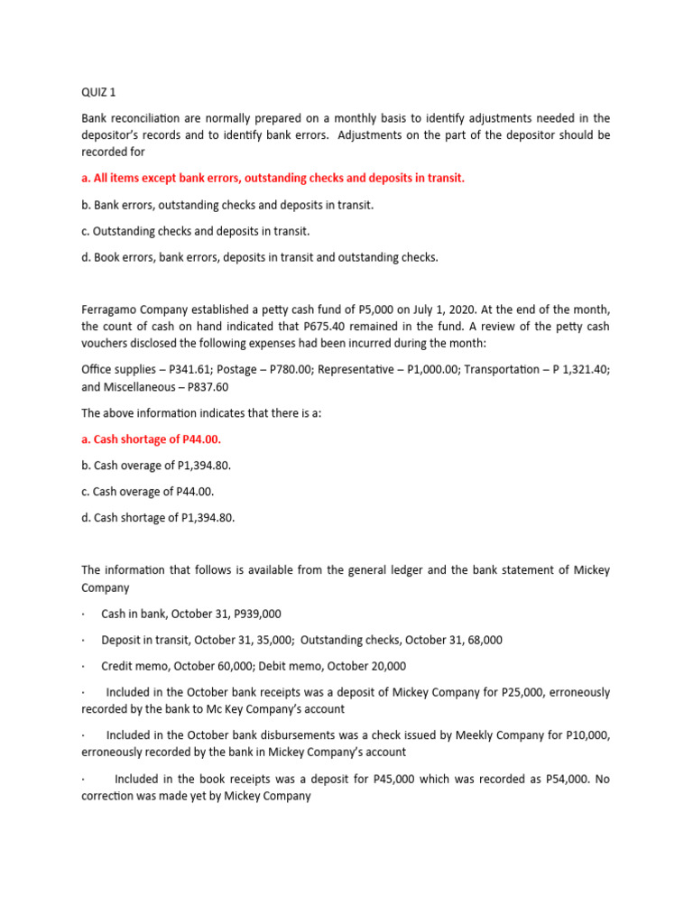 A. All Items Except Bank Errors, Outstanding Checks and Deposits in ...