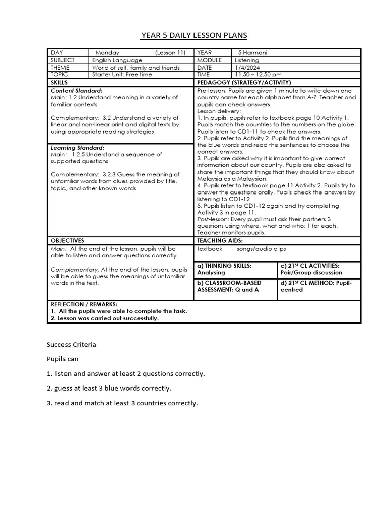 Minggu 4 - RPH Minggu 4 | PDF | Lesson Plan | Teachers