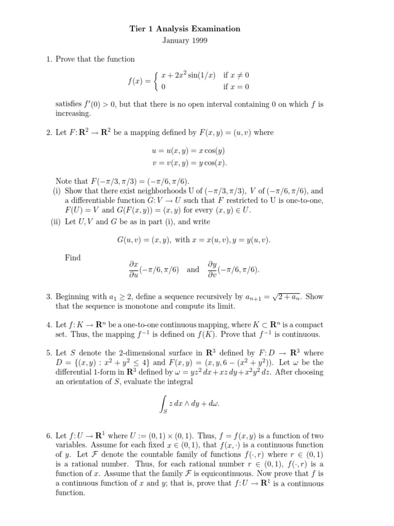 1999 01 Analysis t1 | PDF | Function (Mathematics) | Continuous Function