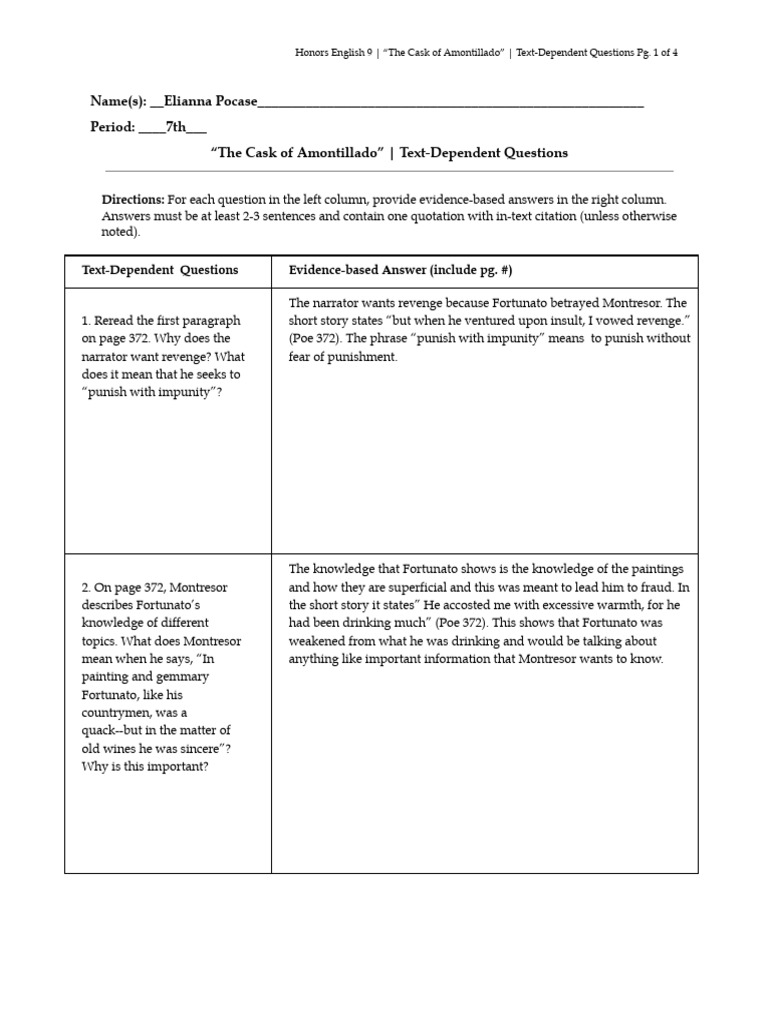Elianna Pocase - 2a. T-D Questions - "The Cask of Amontillado" - Honors ...