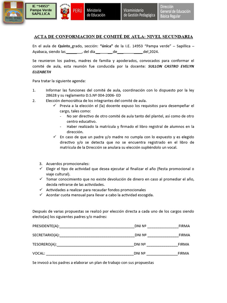 Acta de Conformacion de Comité de Aula | Descargar gratis PDF | Salón de clases