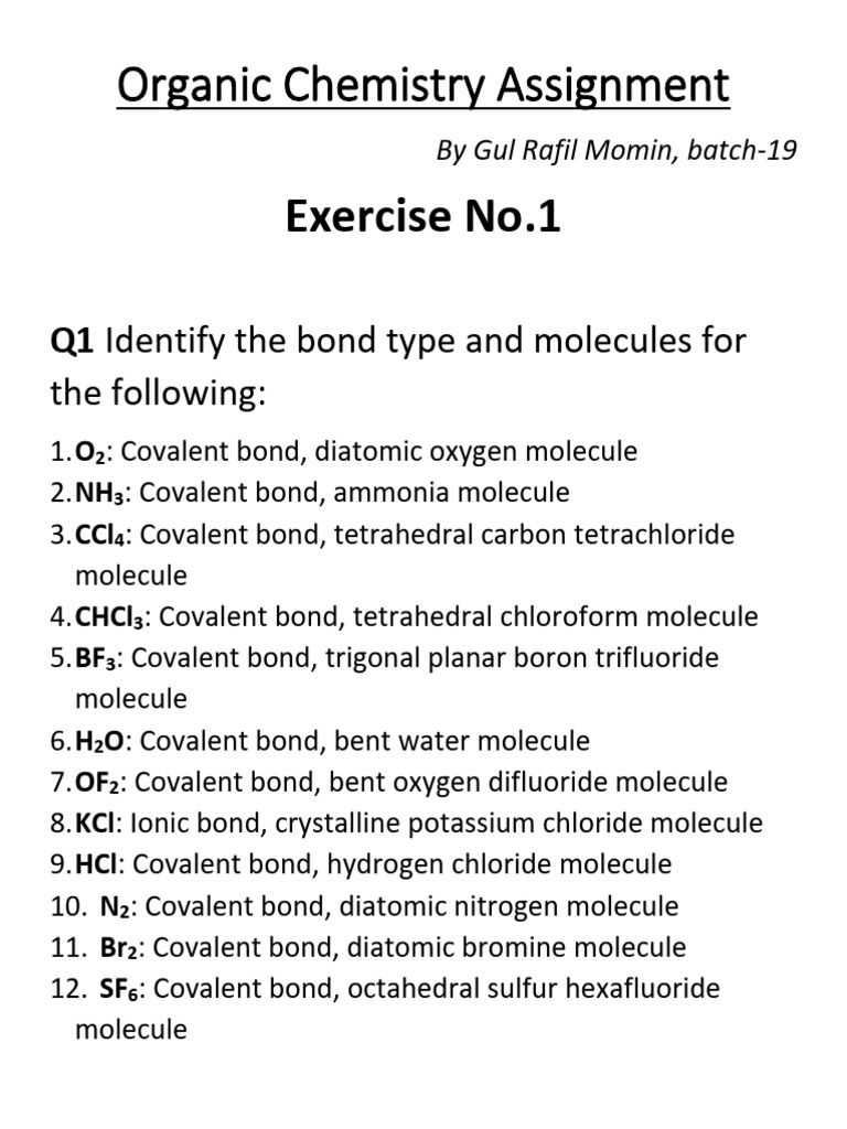 Organic Chemistry Assignment: Exercise No.1 | Download Free PDF | Chemical Polarity | Chemical Bond
