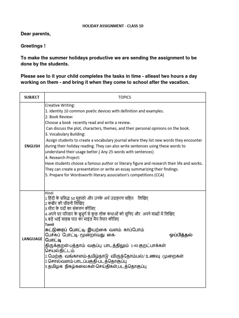 CLASS 10 - Holiday Assignment - 2024 | PDF