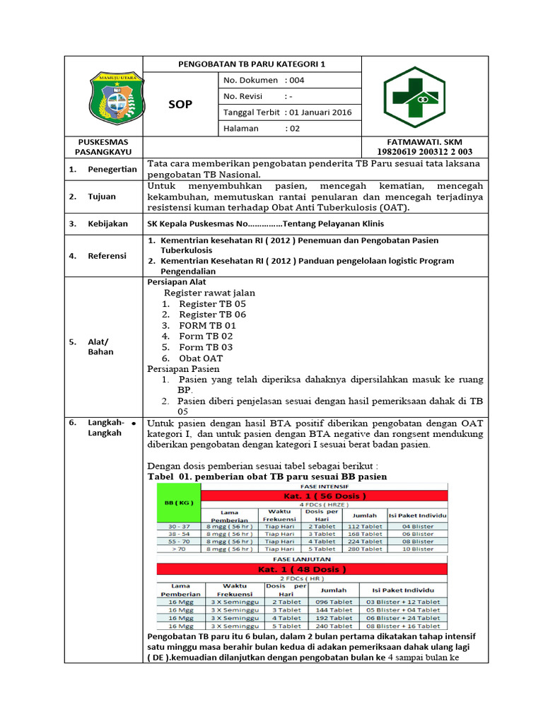 SOP Pengobatan TB Paru Kategori 1 | PDF