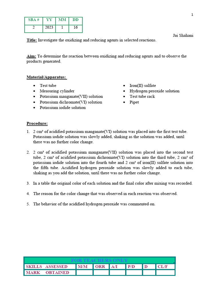 Chem SBA Testing For Oxidaizing Agents | Download Free PDF | Redox ...
