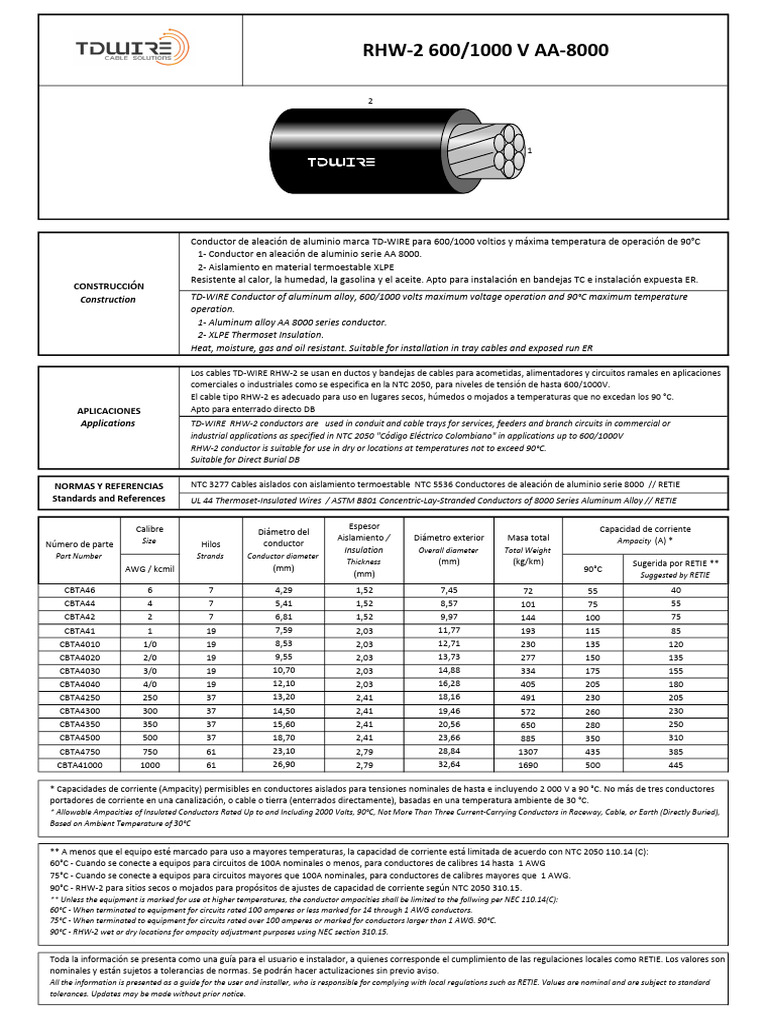 TD Wire Al RHW 1KV Cable | PDF | Conductor electrico | Electricidad