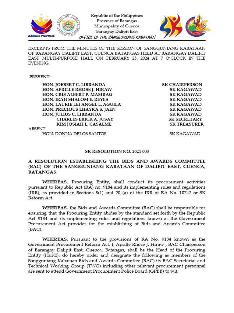 SK Resolution No. 2024-003 | PDF