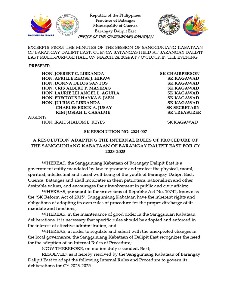 SK Resolution No. 2024-007 | PDF