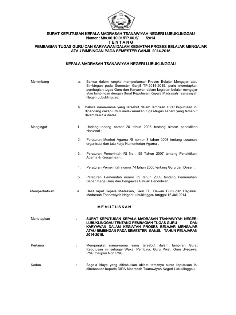 SK. Pembagian Tugas Semseter Ganjil 20142015 | PDF