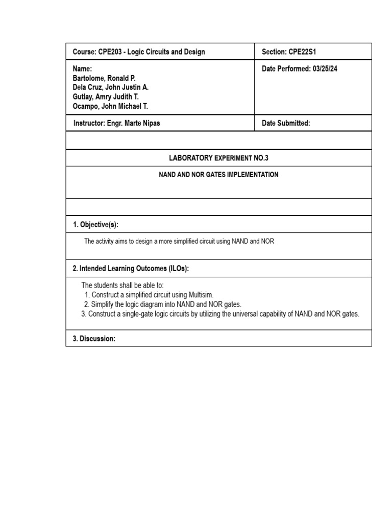 LABORATORY EXPERIMENT 03 NAND and NOR Implementation | PDF | Logic Gate | Computer Engineering