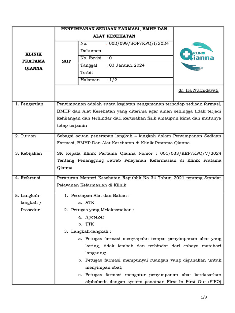 Sop Penyimpanan Sediaan Farmasi Bmhp Dan Alat Kesehatan Pdf