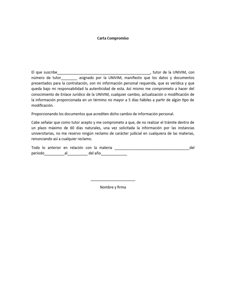 Carta Compromiso de Tutor UNIVIM | PDF | Derecho