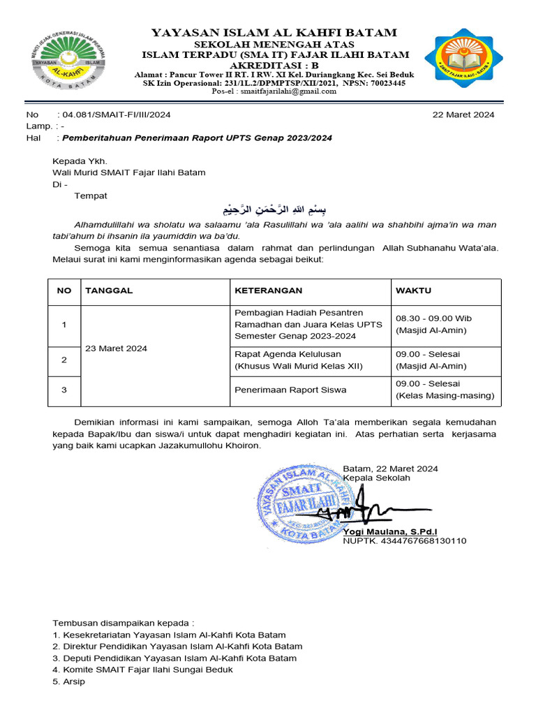 Penerimaan Rapor Upts Sma Genap 2024 | PDF