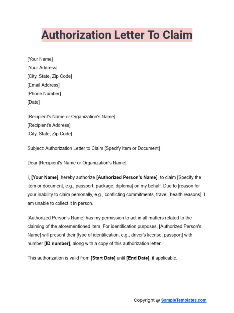 Authorization Letter To Claim | PDF