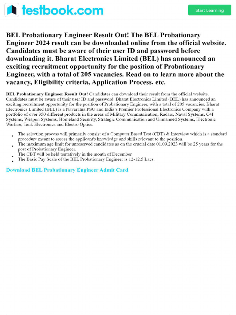 BEL Probationary Engineer 2024exam Info | PDF