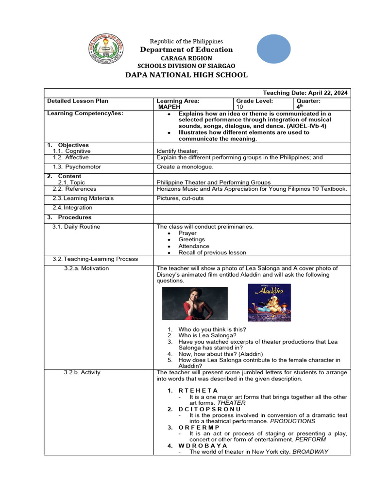 Philippine Theater Lesson Plan for Grade 10 | PDF | Learning | Cognition