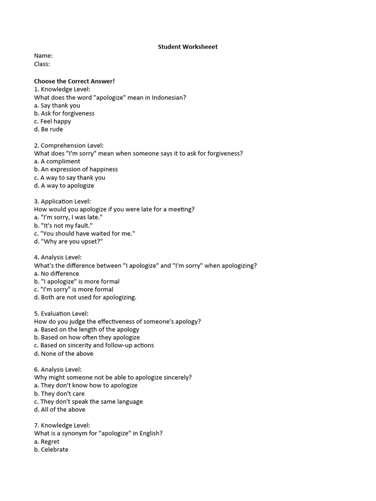 Apology Understanding Worksheet | PDF