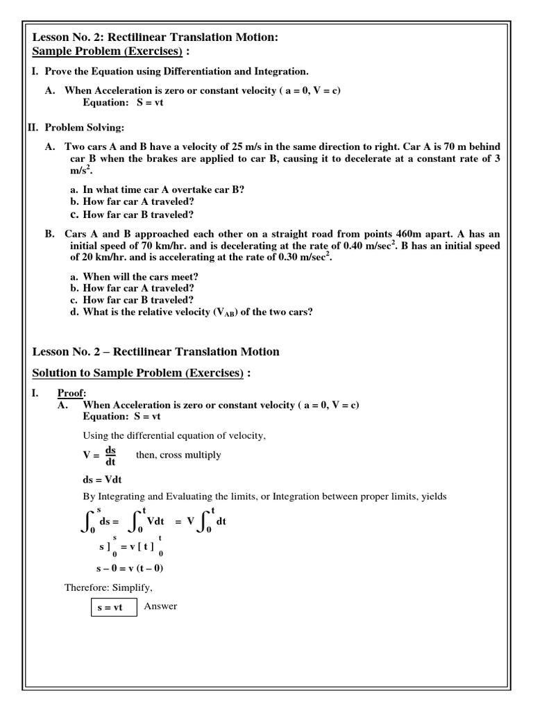 Lesson No.2.EXERCISES - DYNAMICS OF RIGID BODIES - Rectilinear ...